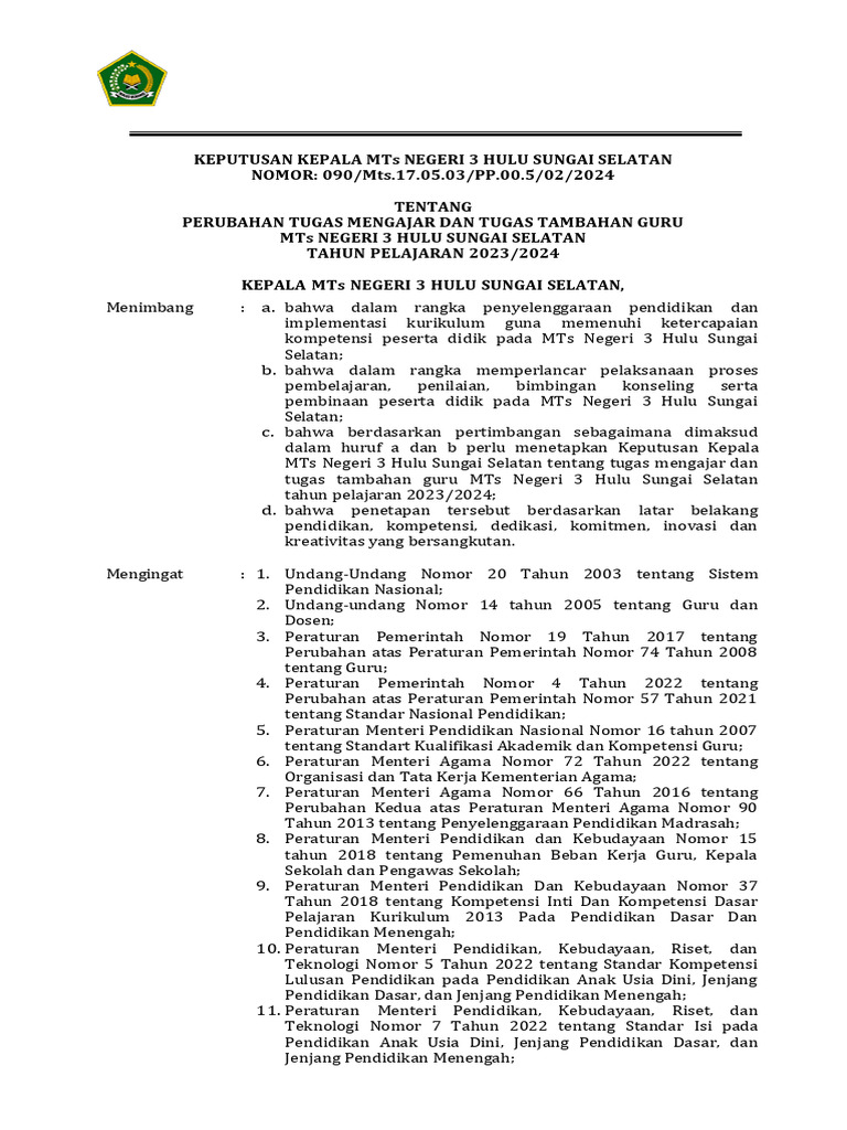 SK Tugas Mengajar TP 2023 - 2024 | PDF