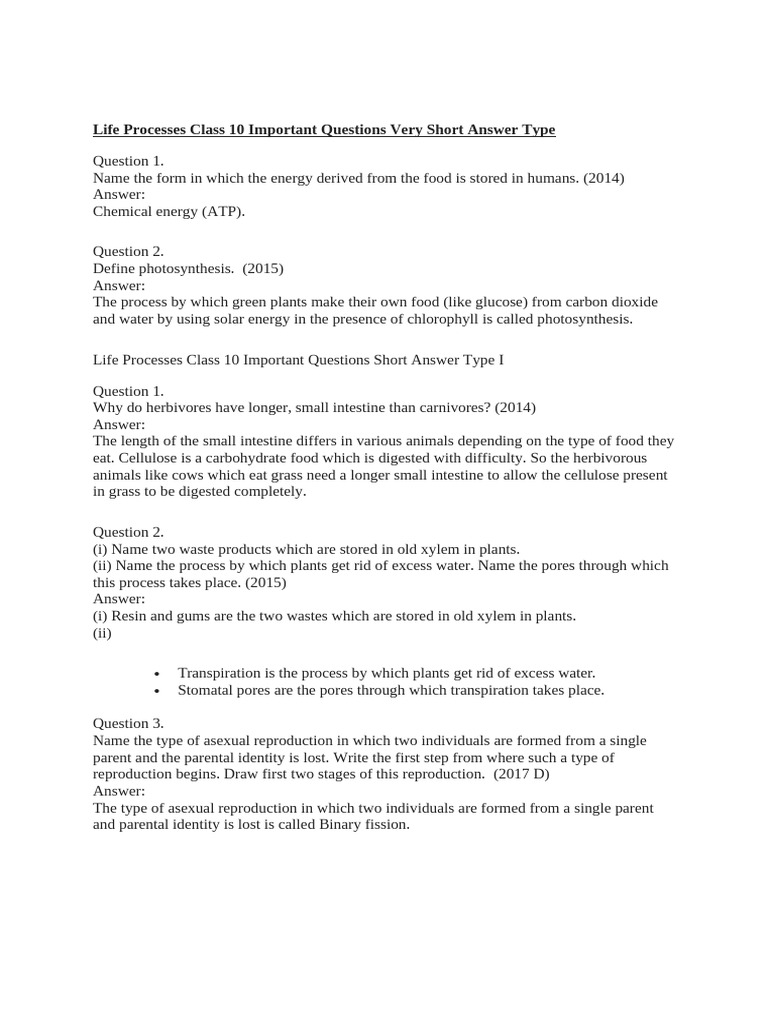 Class 10 Life Processes Q&A Guide | PDF