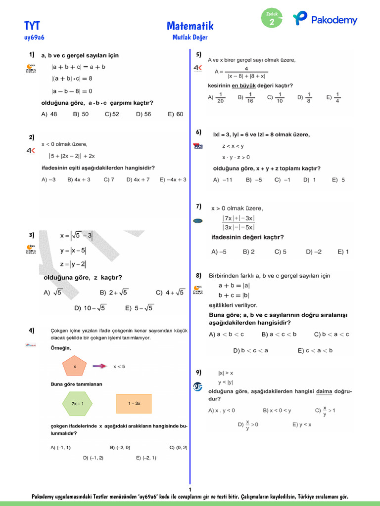 TYT Matematik: Uy69a6 Mutlak Değer | PDF