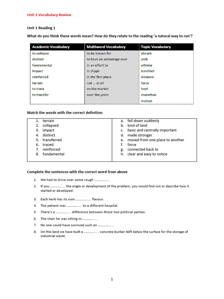 Unit 1 Vocabulary Review Exercises | PDF | Vocabulary | Cognitive Science