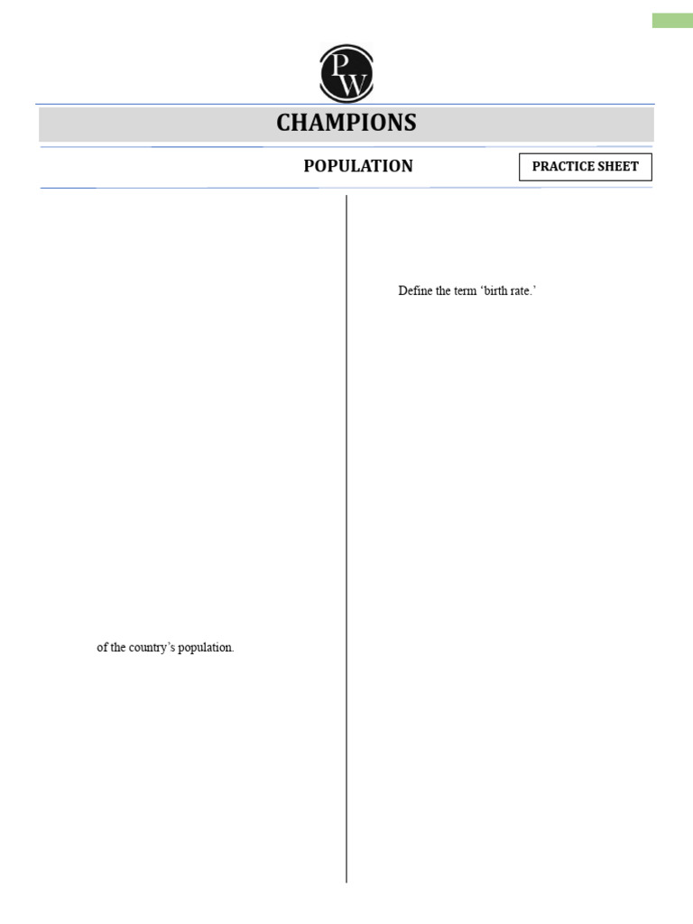 Geography - Population - Practice Sheet - Champion Batch | PDF | Human ...