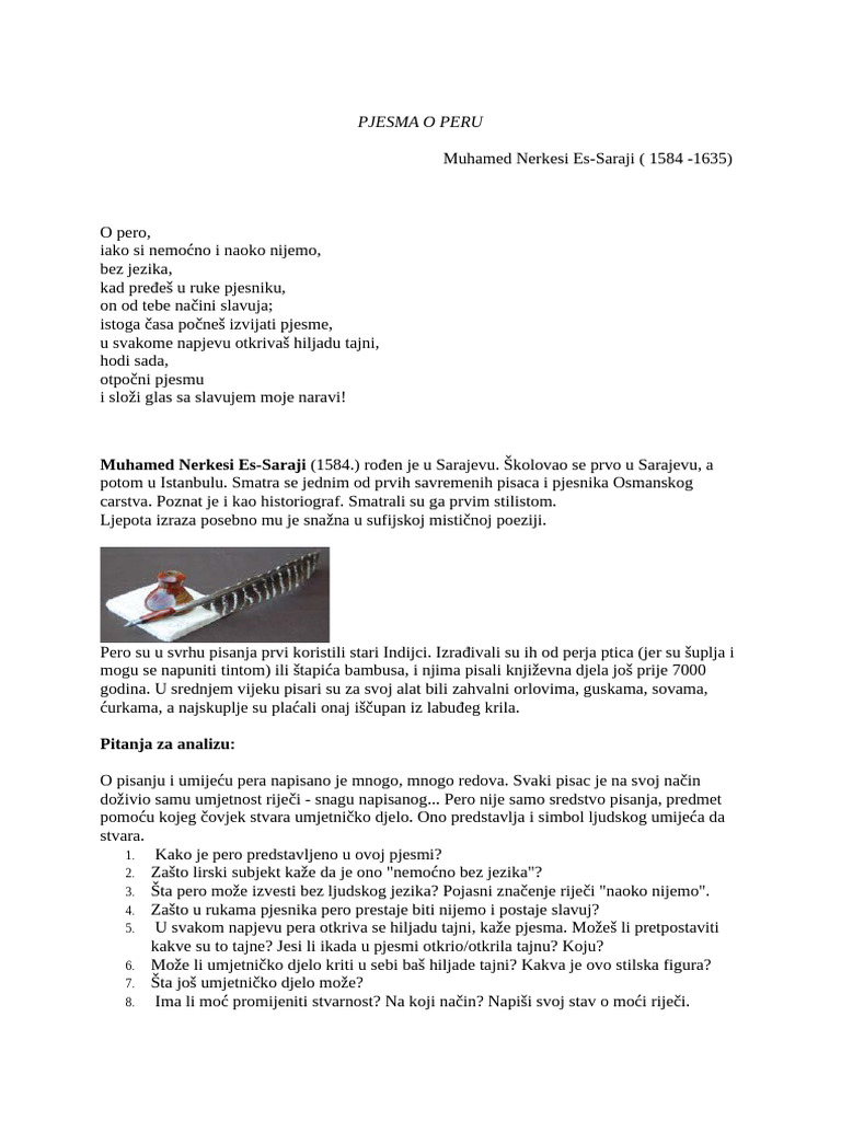 Pjesma o Peru - Pitanja Za Analizu | PDF