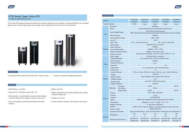 HT33 Series 10-40kVA UPS Overview | PDF | Electromagnetism | Electric Power