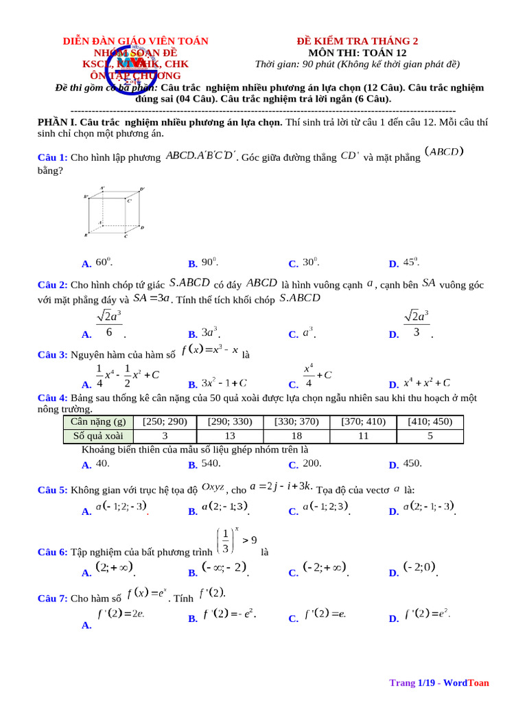 Tổ DB1. KSCL tháng 2 môn Toán lớp 12 | PDF
