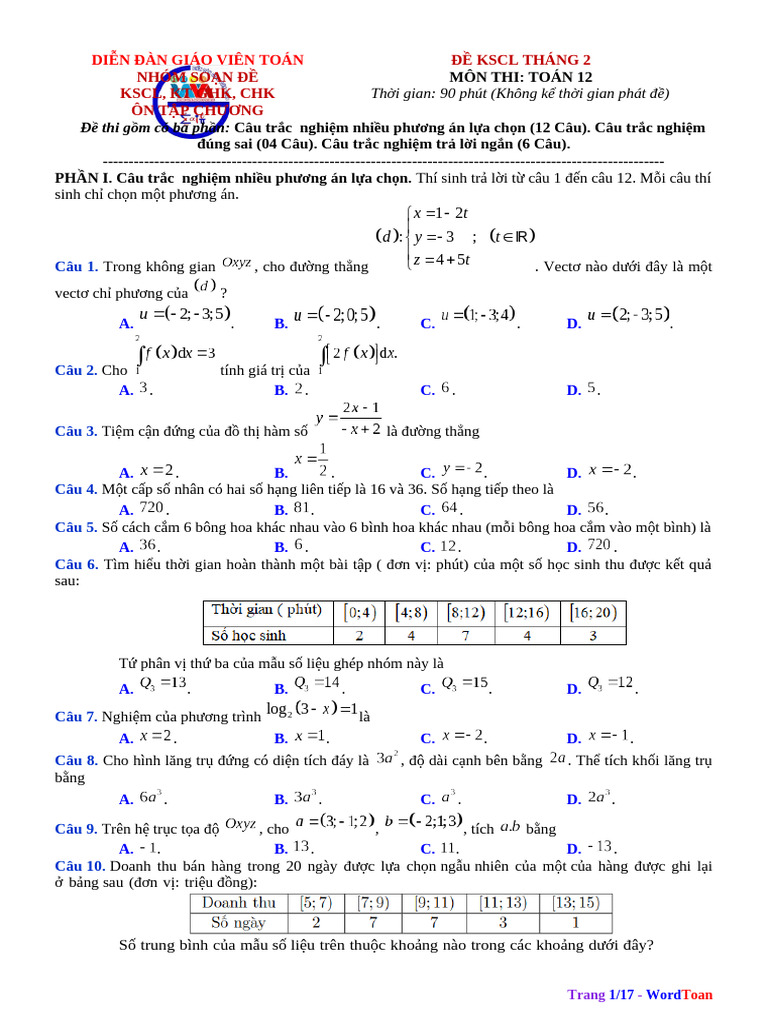 T DB4. KSCL Tháng 2 Môn Toán L P 12 | PDF