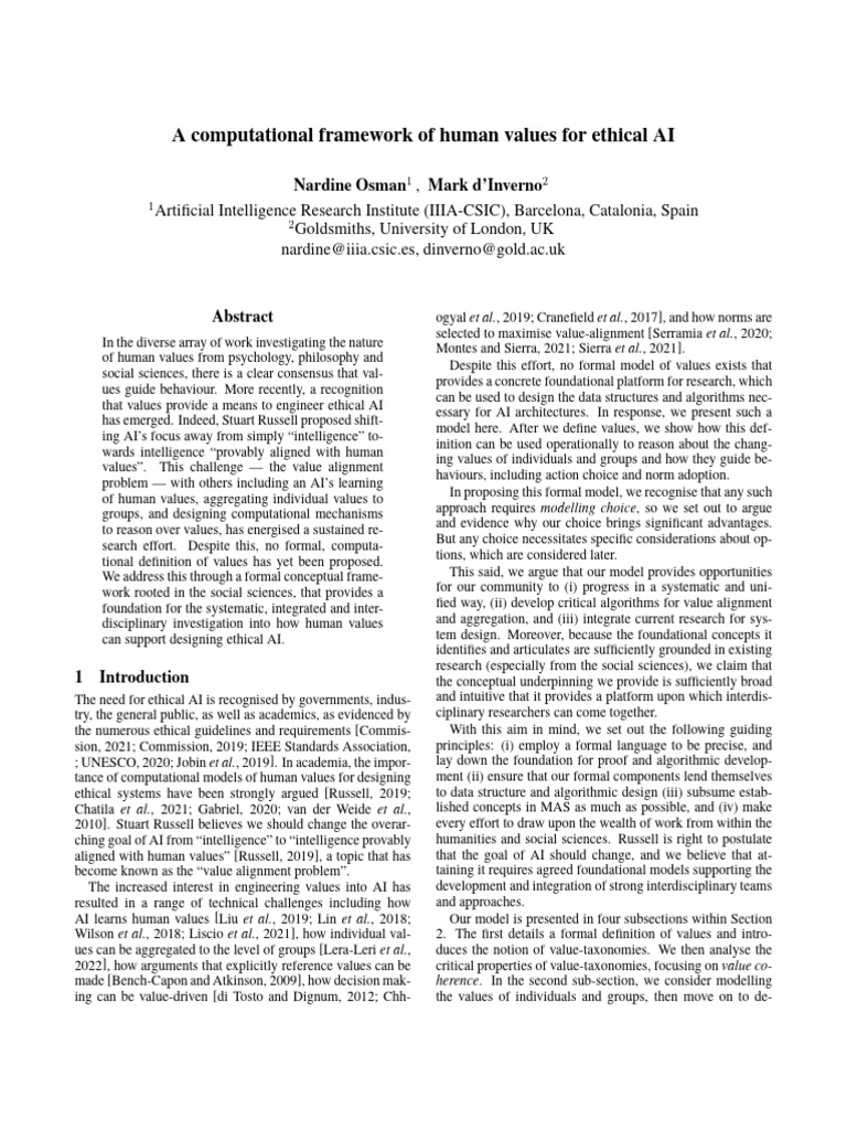 A computational framework of human values for ethical AI | PDF | Artificial Intelligence ...