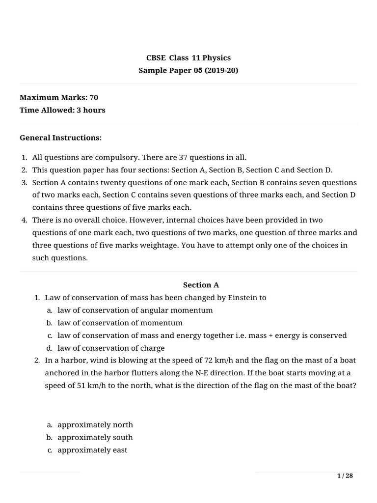 CBSE Class 11 Physics Sample Paper 05 | PDF | Rotation Around A Fixed ...