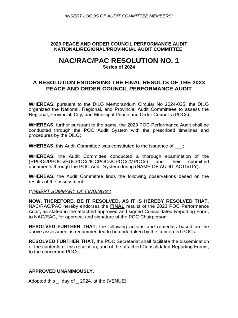Annex H Template Resolution For The Endorsement of Audit Results | PDF