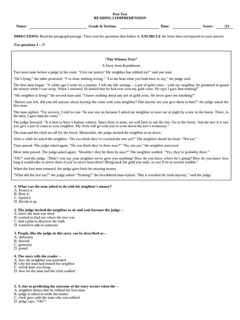 Reading Comprehension Post-Test | PDF