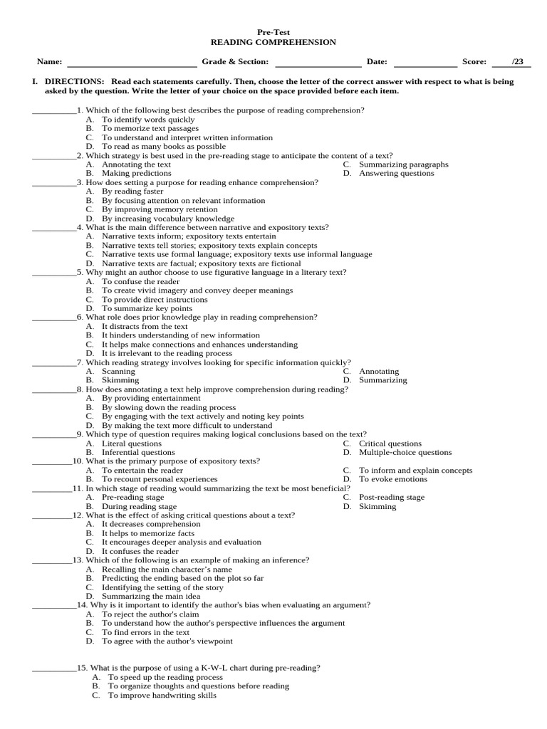 Reading Comprehension Pre-Test | PDF | Reading Comprehension ...