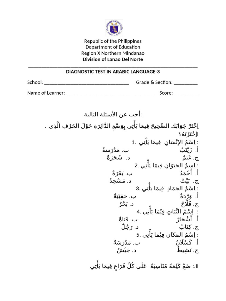 Diagnostic Test - Arabic Language 3 | PDF