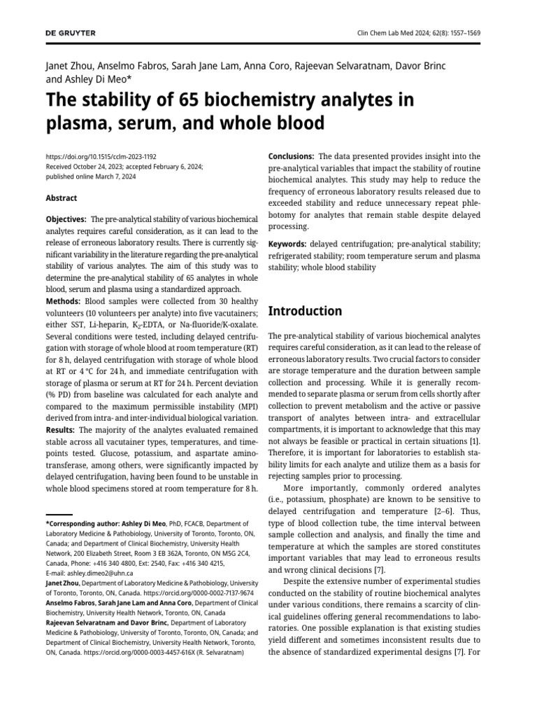 Stability of 65 Biochemical Analytes | PDF | Blood Plasma