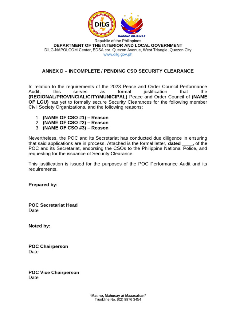 Annex D Justification Template Incomplete Pending Security Clearance | PDF