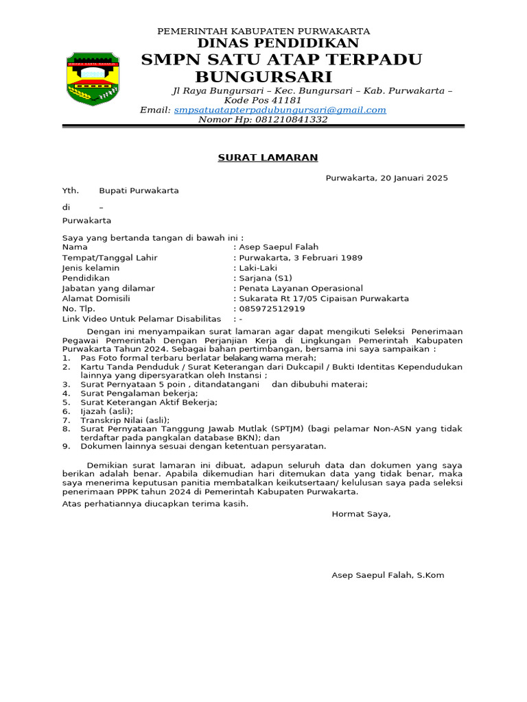 Surat Lamaran PPPK - Asep 2025 | PDF