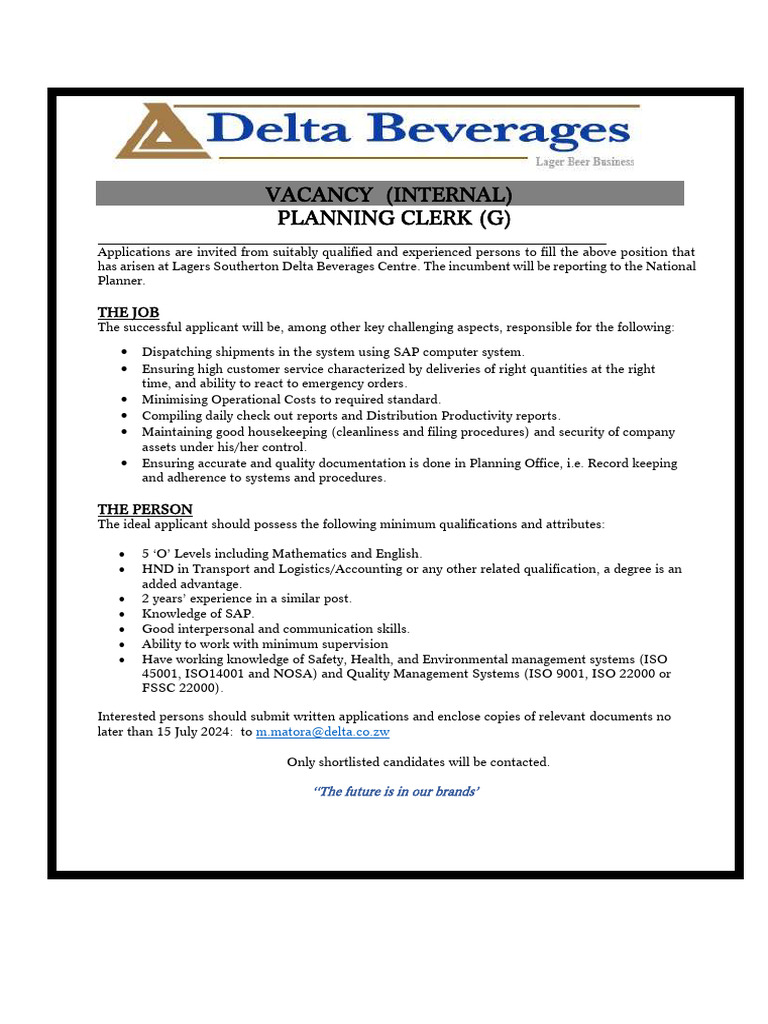 Advert - Planning Clerk (Lagers North July 2024) | PDF