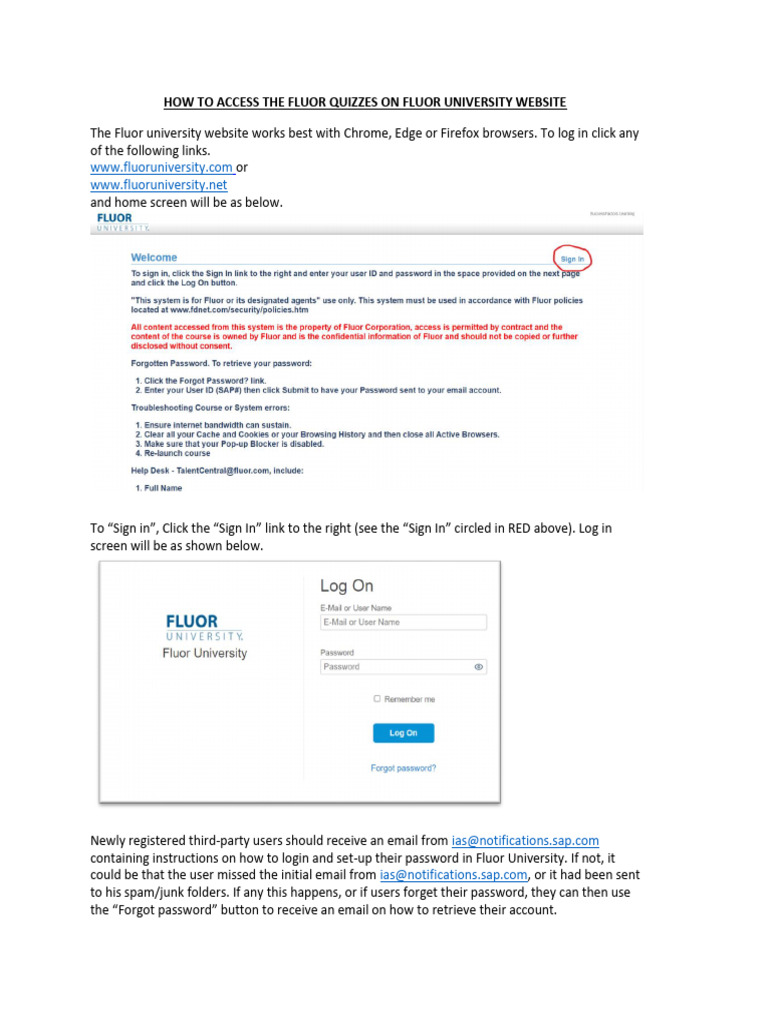 Fluor University Quiz Access Guide | PDF | Password | Login