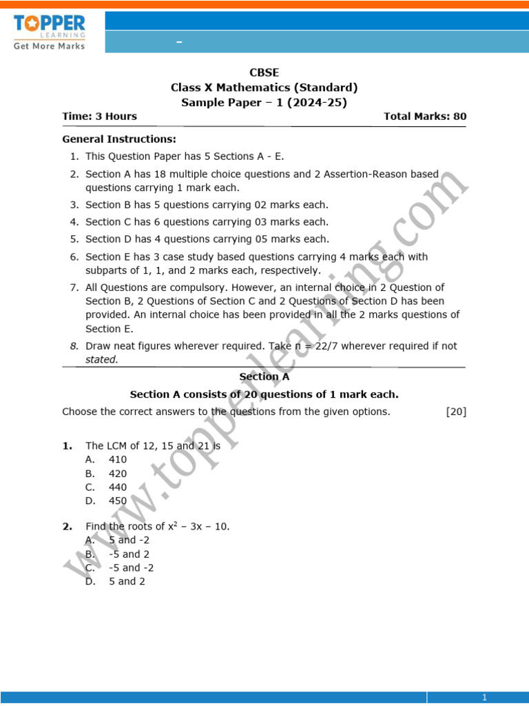 CBSE Class 10 Maths Sample Paper 2025 | PDF | Zero Of A Function | Algebra