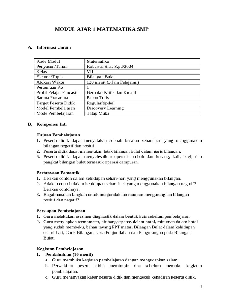 MODUL AJAR MATEMATIKA SMP KELAS VII BAB 1 - Revisi | PDF