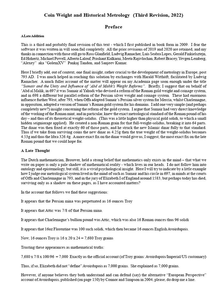 Coin Weight and Historical Metrology 3rd | PDF | Troy Weight | Grain (Unit)