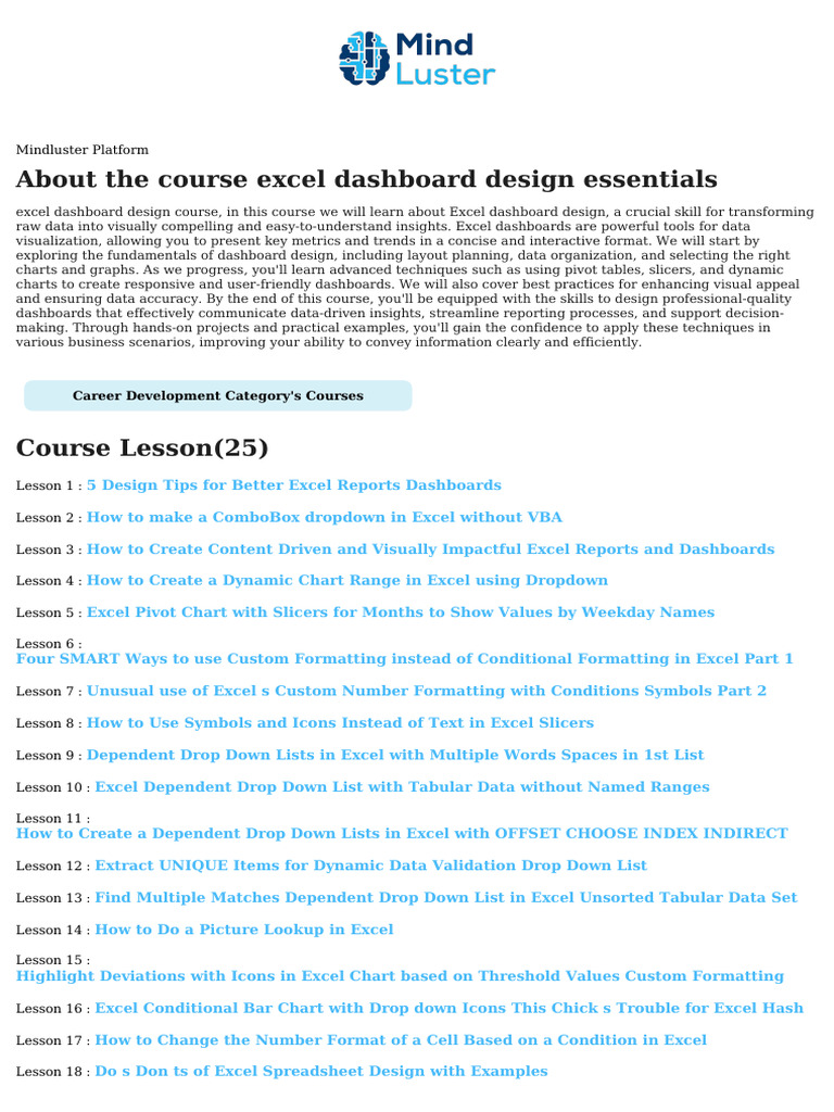Excel Dashboard Design Essentials Course Content | PDF | Microsoft Excel | Computing