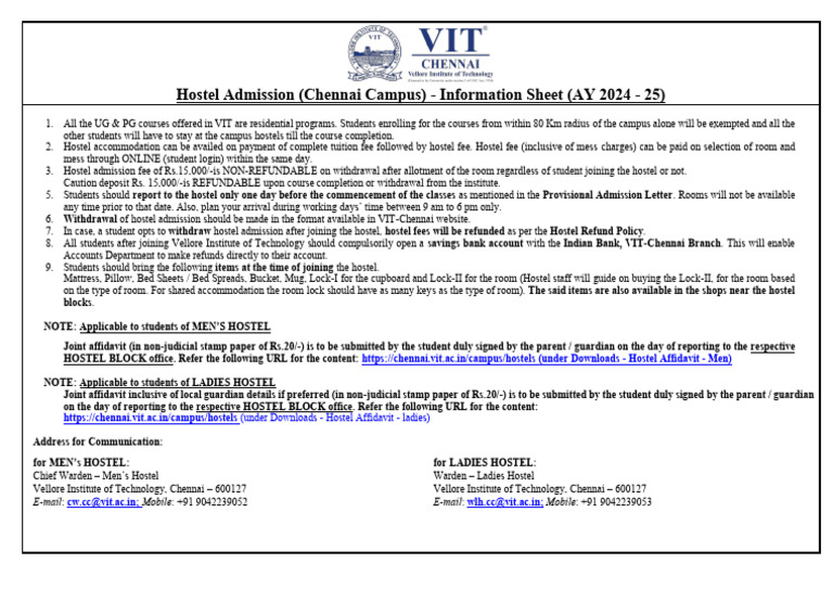 VITCC Information Sheet Freshers 2024-2025 | PDF