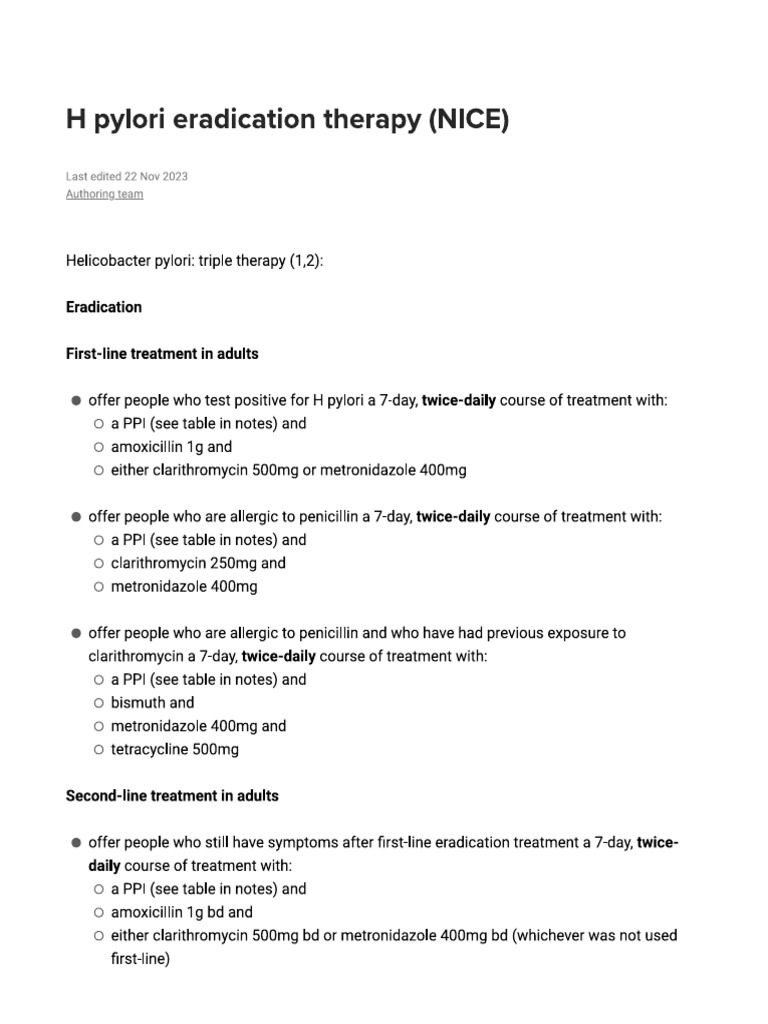 H Pylori Eradication Therapy (NICE) – GPnotebook | PDF