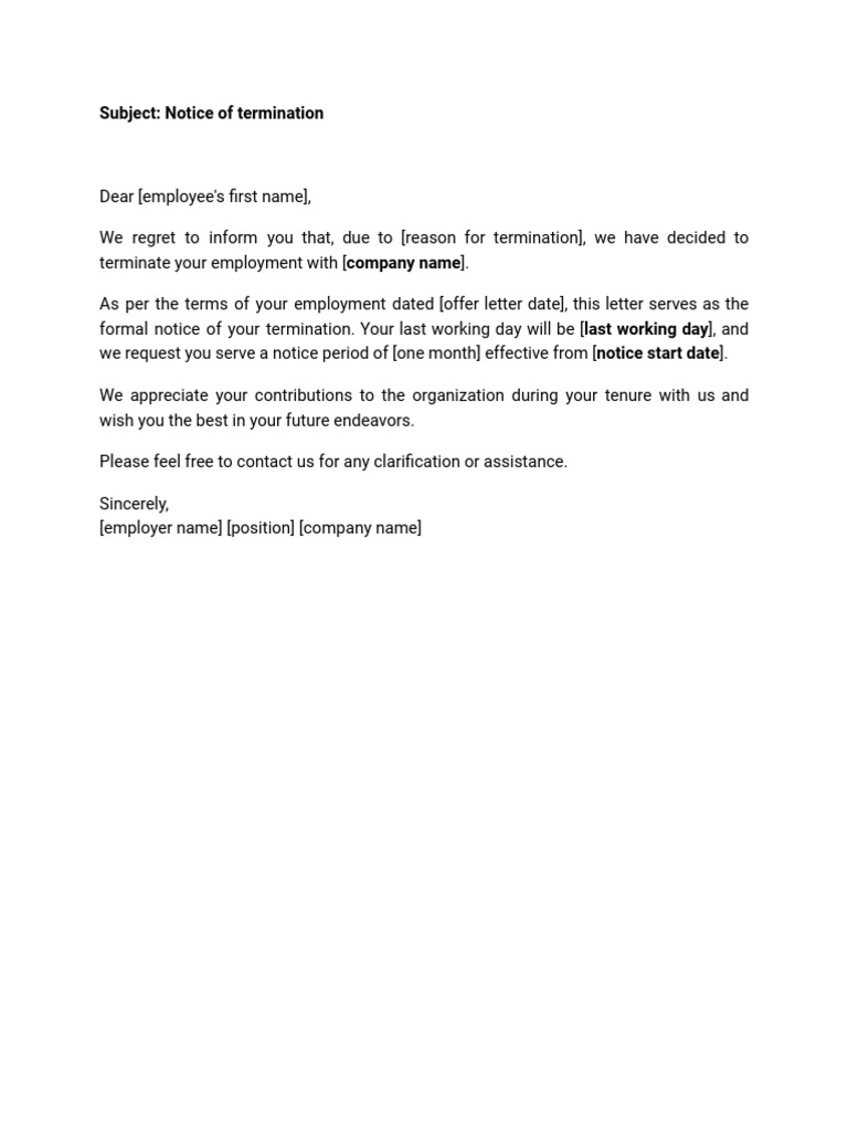 One Month Notice of Termination Letter | PDF