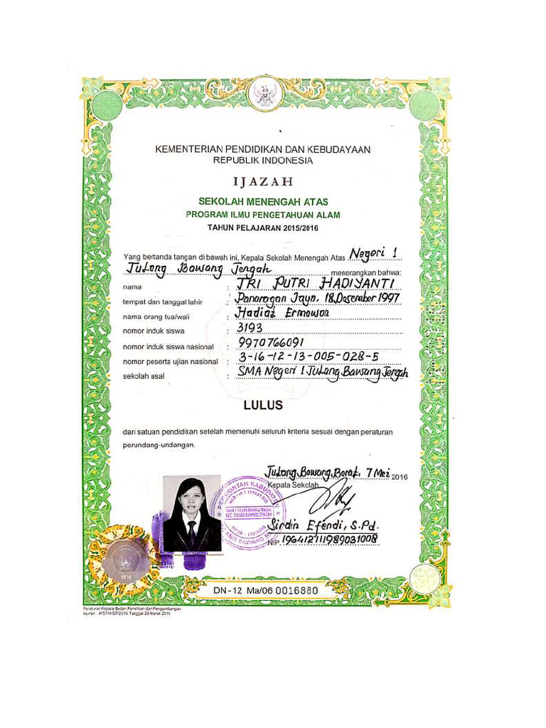 TRI PUTRI HADIYANTI_IJAZAH SMA | PDF