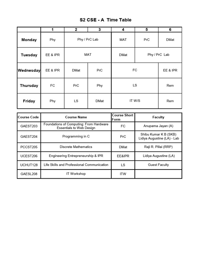 S2 CSE A Time Table | PDF