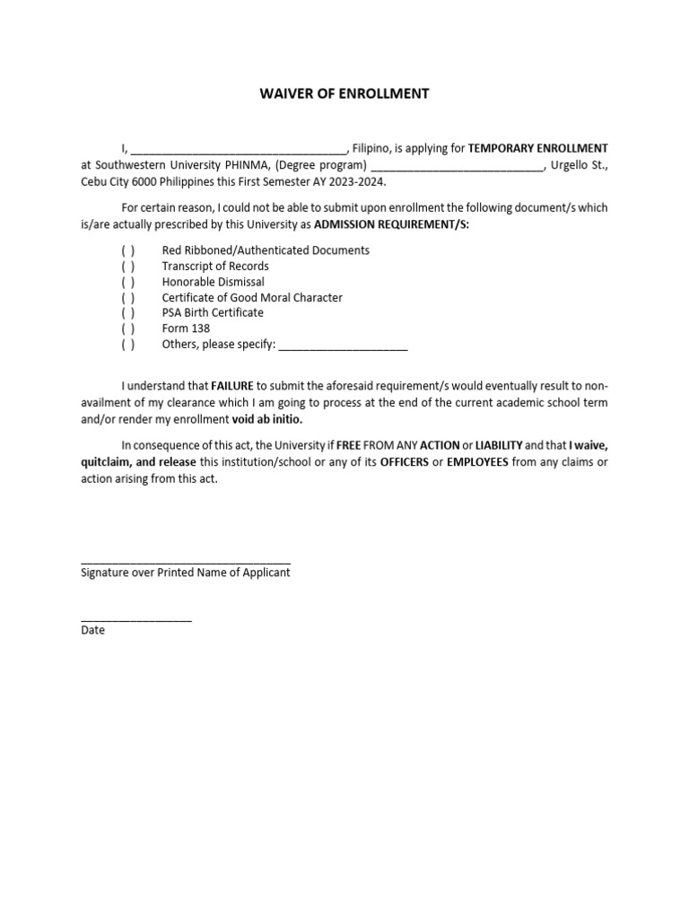 Temporary Enrollment Waiver Form | PDF
