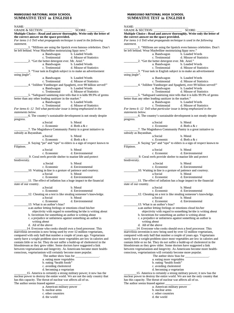 Summative in Englsh8 3rdQ | PDF | Parapsychology | Vegetarianism