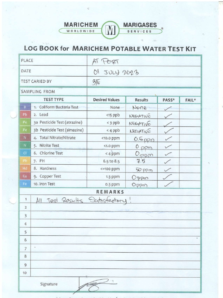 Log Book For Marichem Potable Water Test Kit | PDF