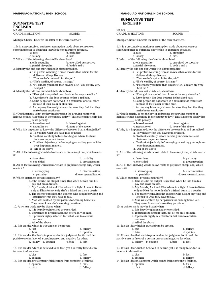 Summative in Englsh9 3rdQ | PDF | Bias | Fallacy