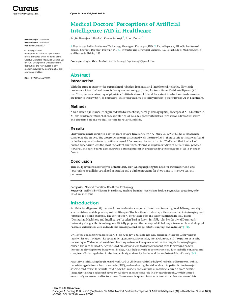 Medical Doctors Perceptions of Artificial Intelligence Ai in Healthcare ...