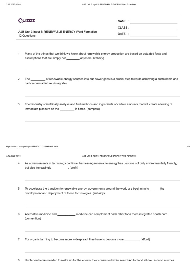 Renewable Energy Word Formation Quiz | PDF | Renewable Energy | Energy ...