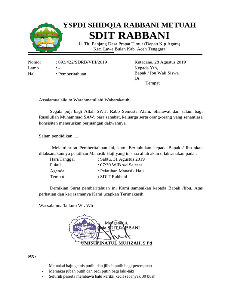 Pemberitahuan Pelatihan Manasik Haji | PDF