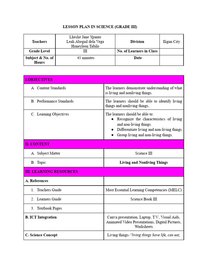 Grade 3 Science: Living vs. Nonliving | PDF | Lesson Plan | Learning
