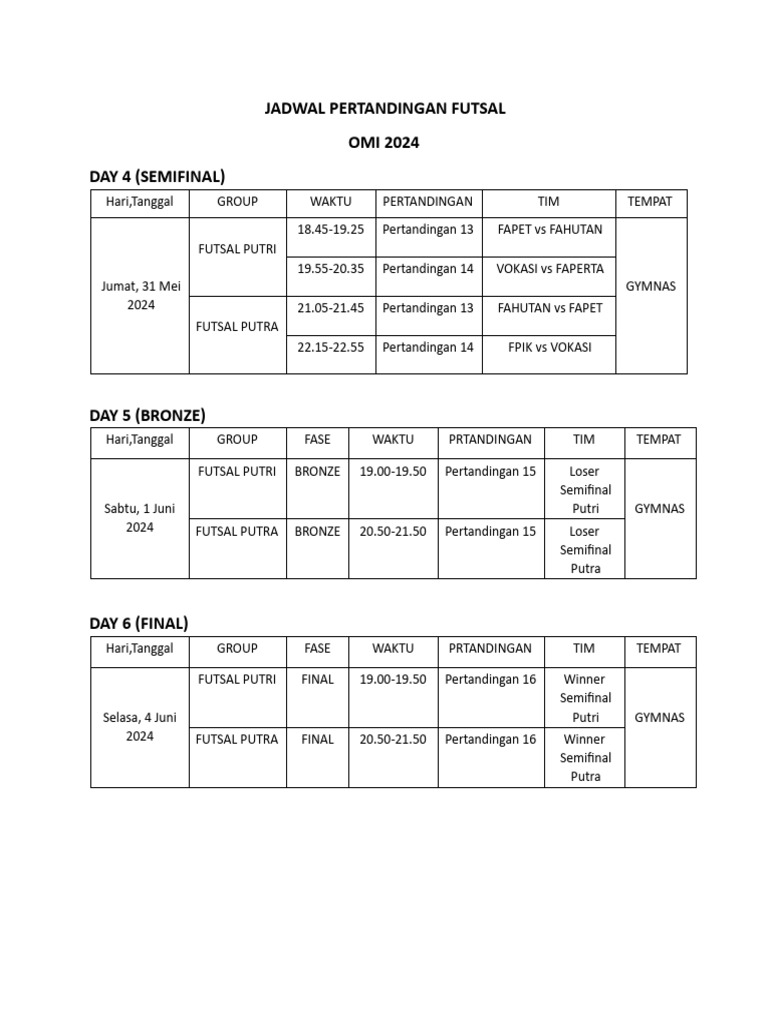 Jadwal Futsl OMI 2024 | PDF