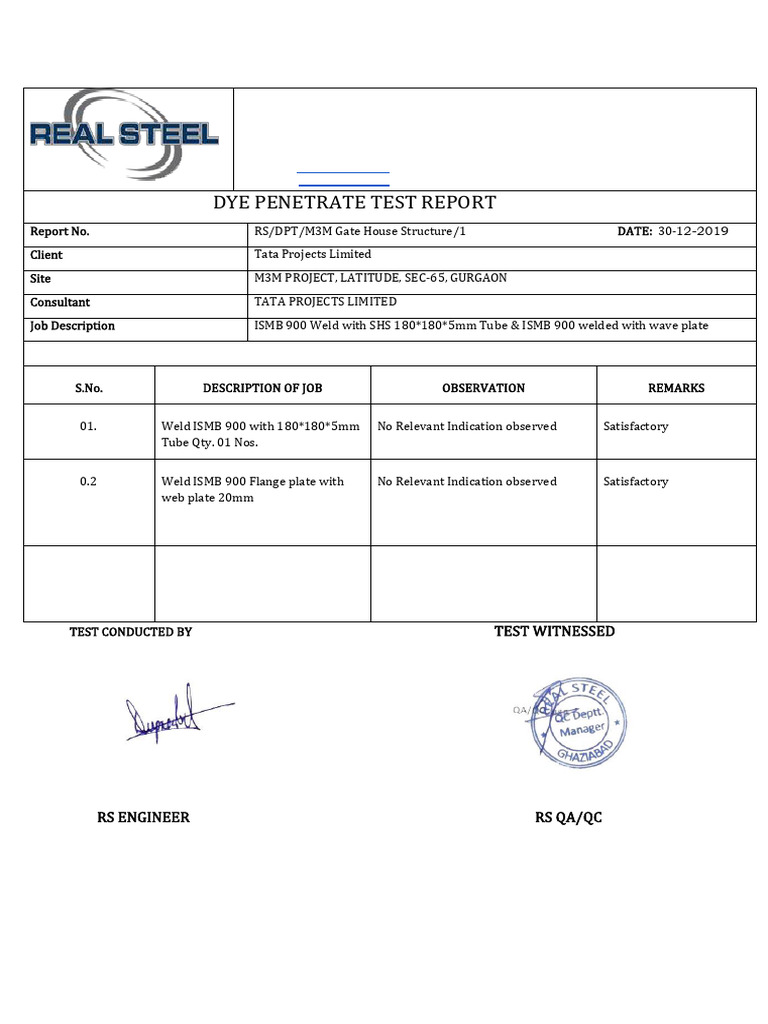 Dye Penetrate Test Report for M3M Project | PDF