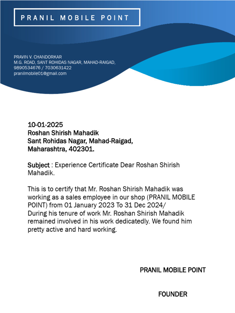 Experience Letter - Roshan Mahadik | PDF