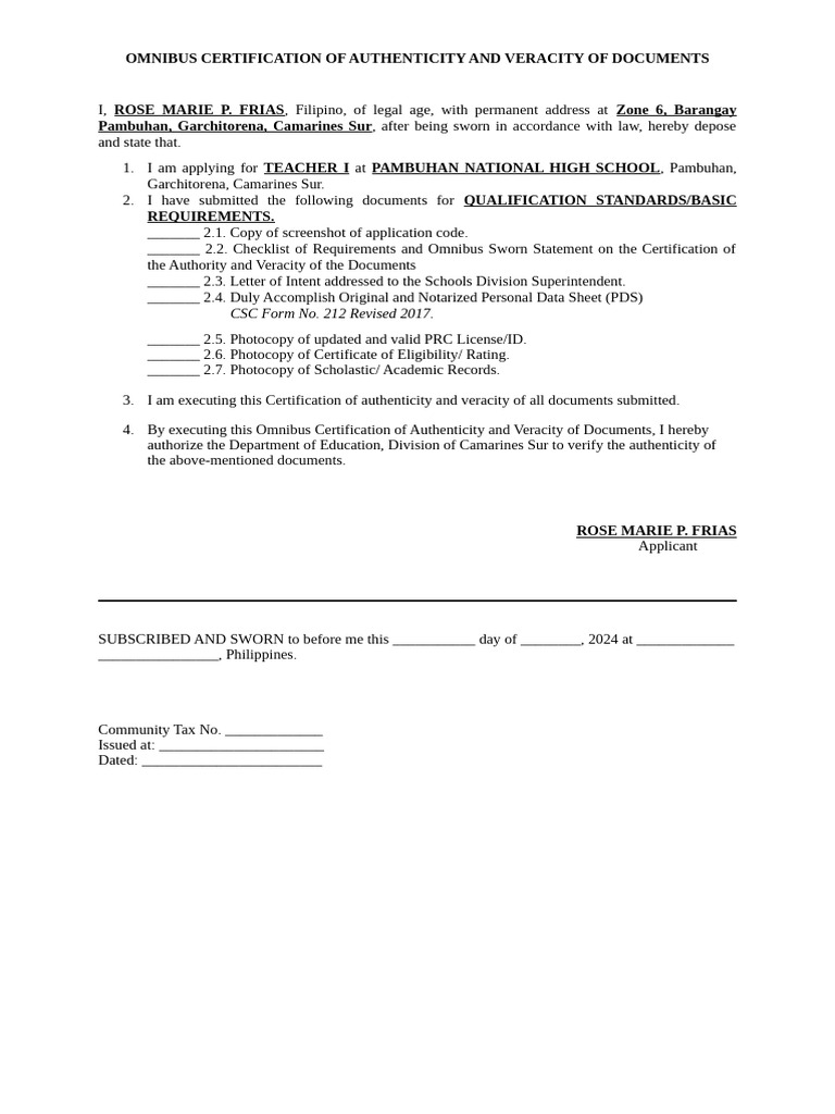 Omnibus Certification of Authenticity and Veracity of Documents | PDF