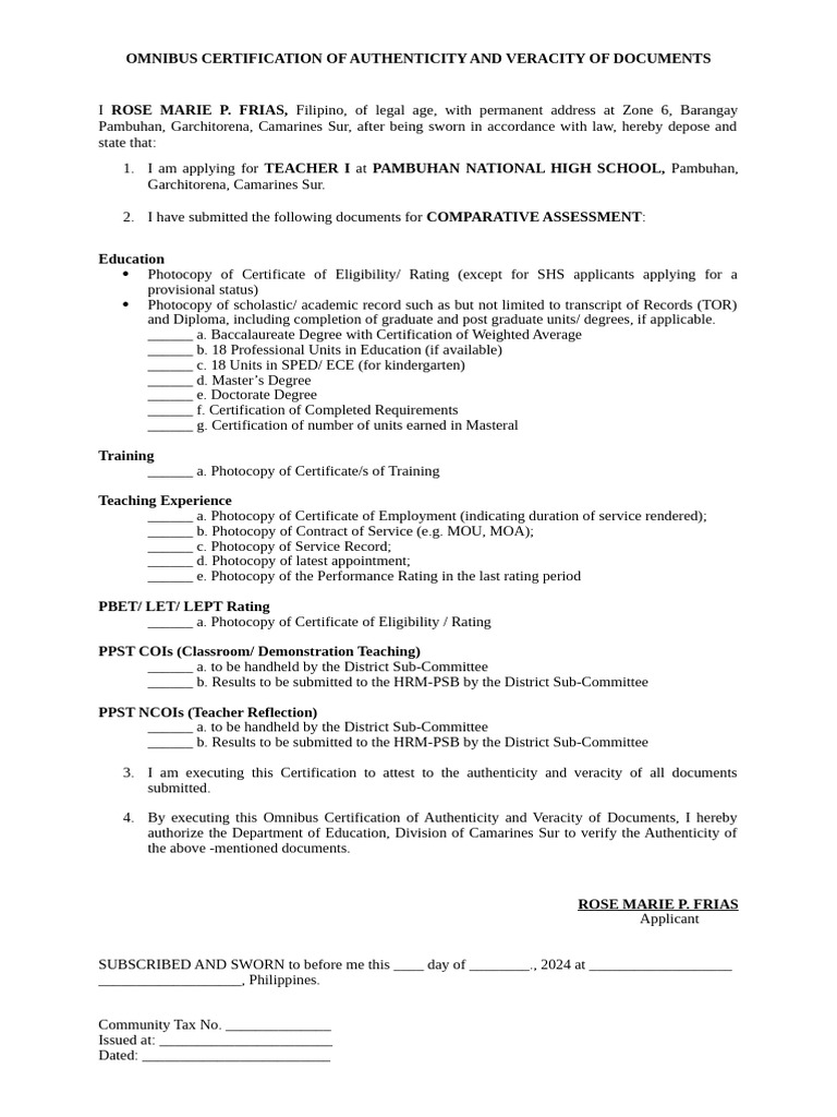 Omnibus Certification for Teacher Application | PDF | Qualifications ...
