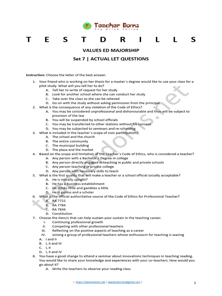 LET Exam Prep: Values Ed Drills | PDF | Philosophy Of Education | Teachers