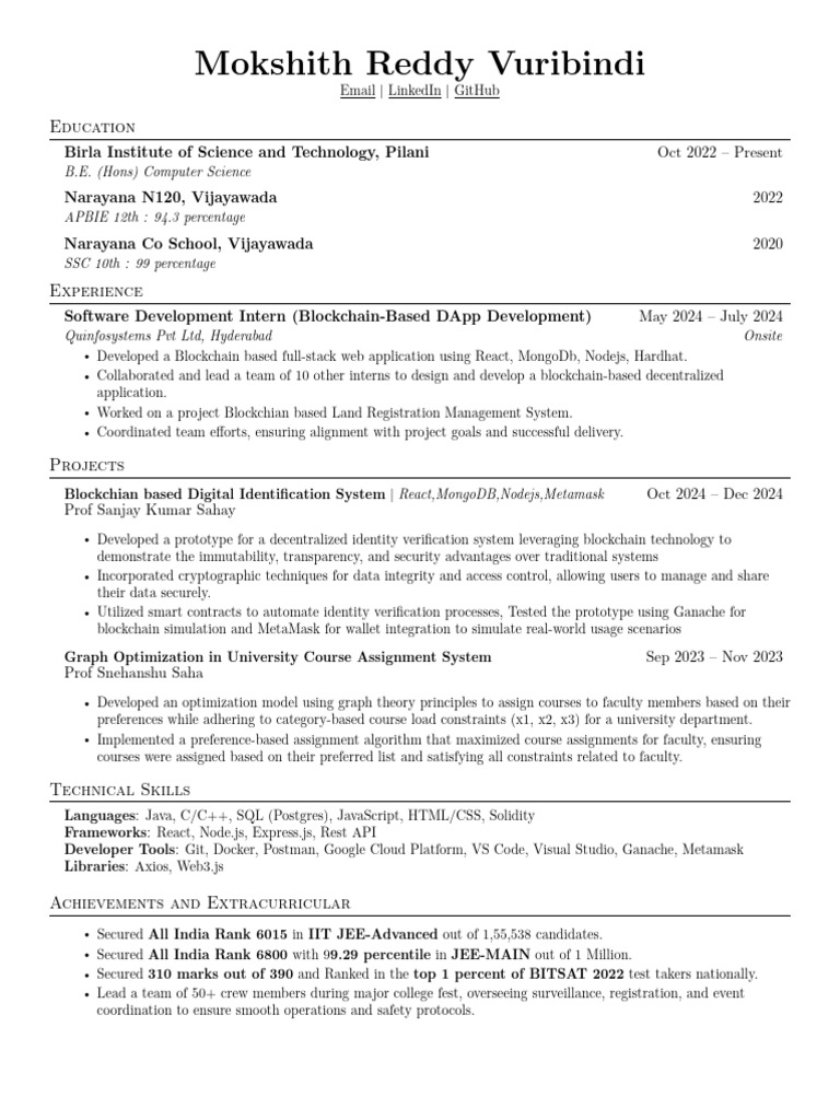 Resume Mokshith | PDF | Computer Programming | Computer Science