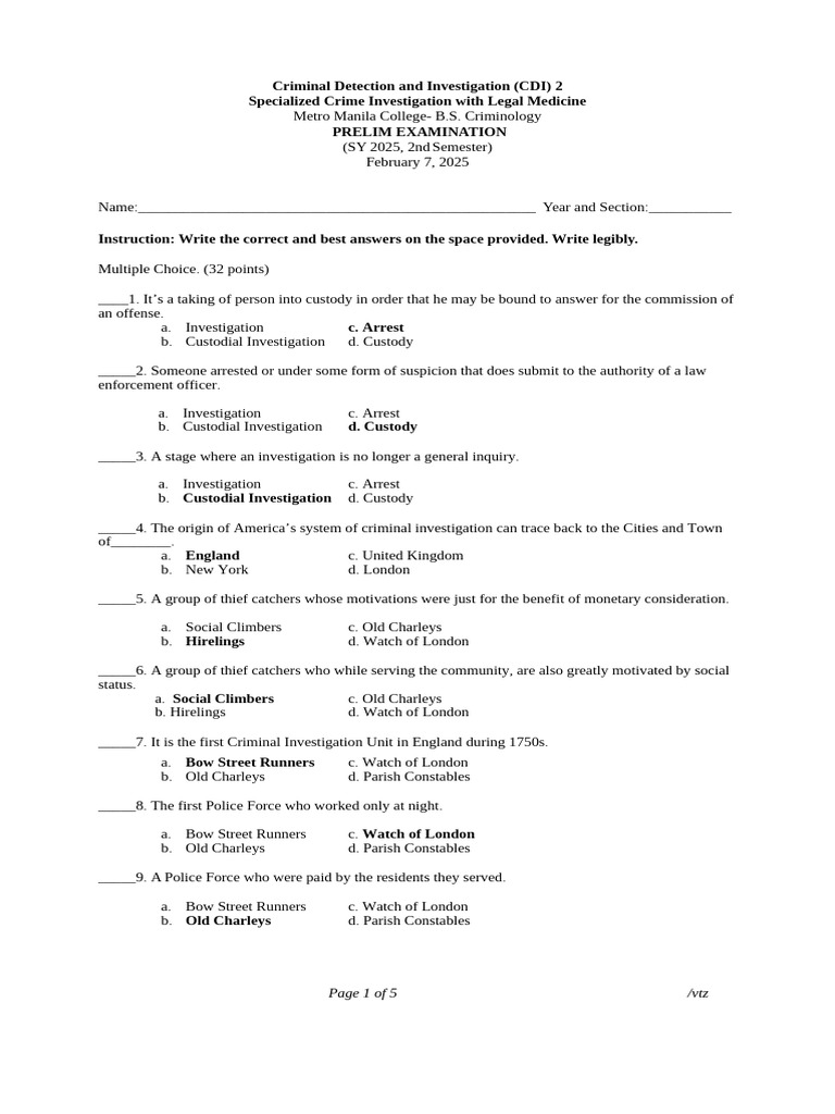CDI 2 PRELIMS Key To Correction | PDF | Police | Arrest