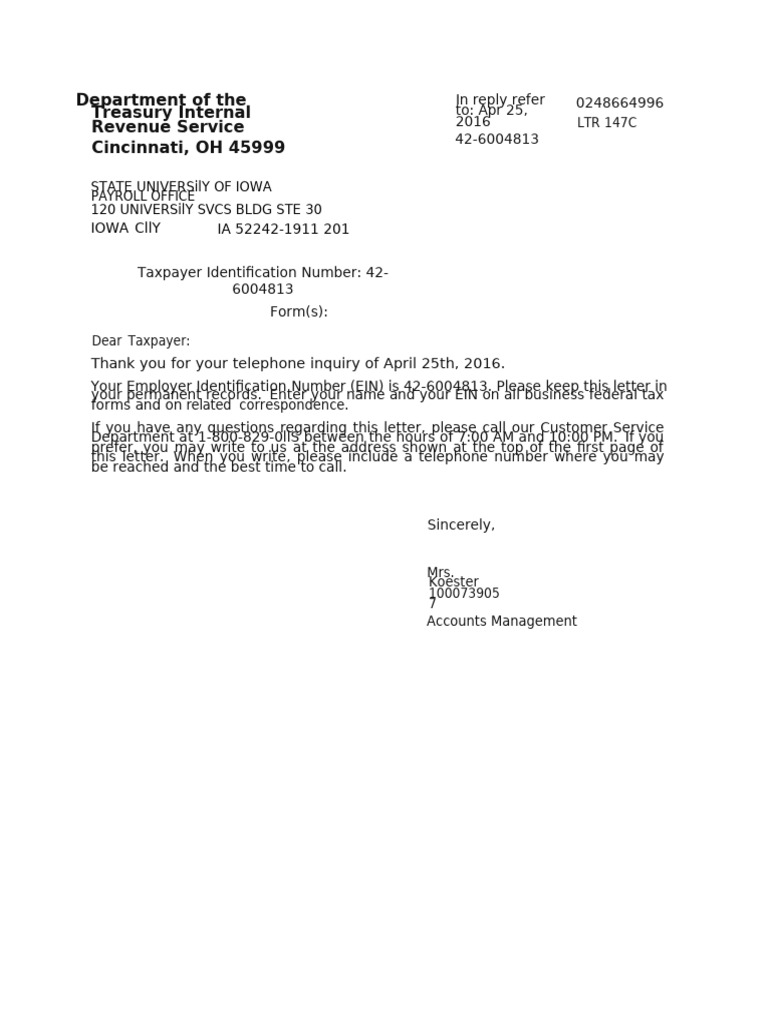 EIN Verification Letter for Iowa University | PDF