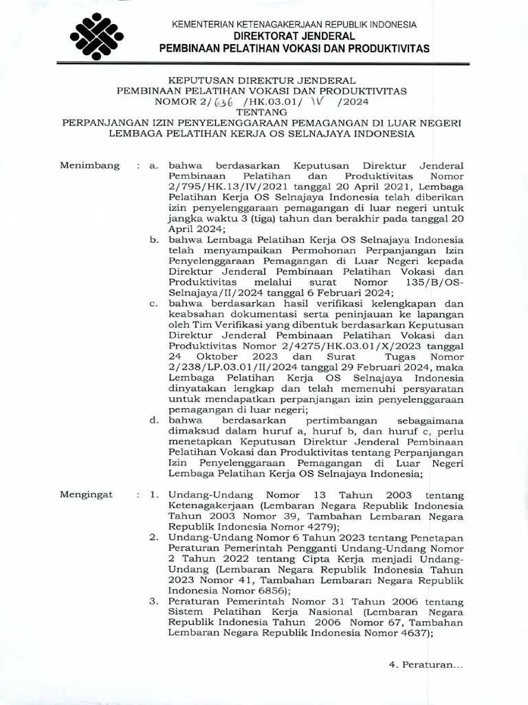 636 - SK LPK OS Selnajaya Indonesia 2024 Izin SO | PDF