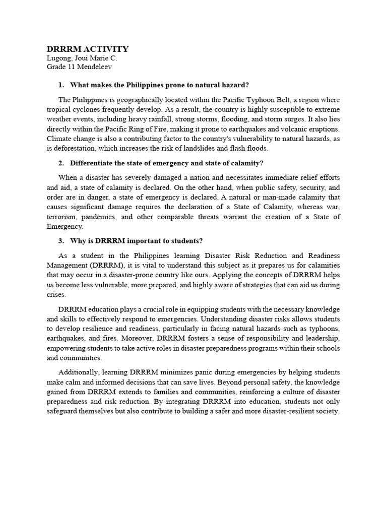 DRRM Essay | PDF | Natural Disasters | Disaster Risk Reduction