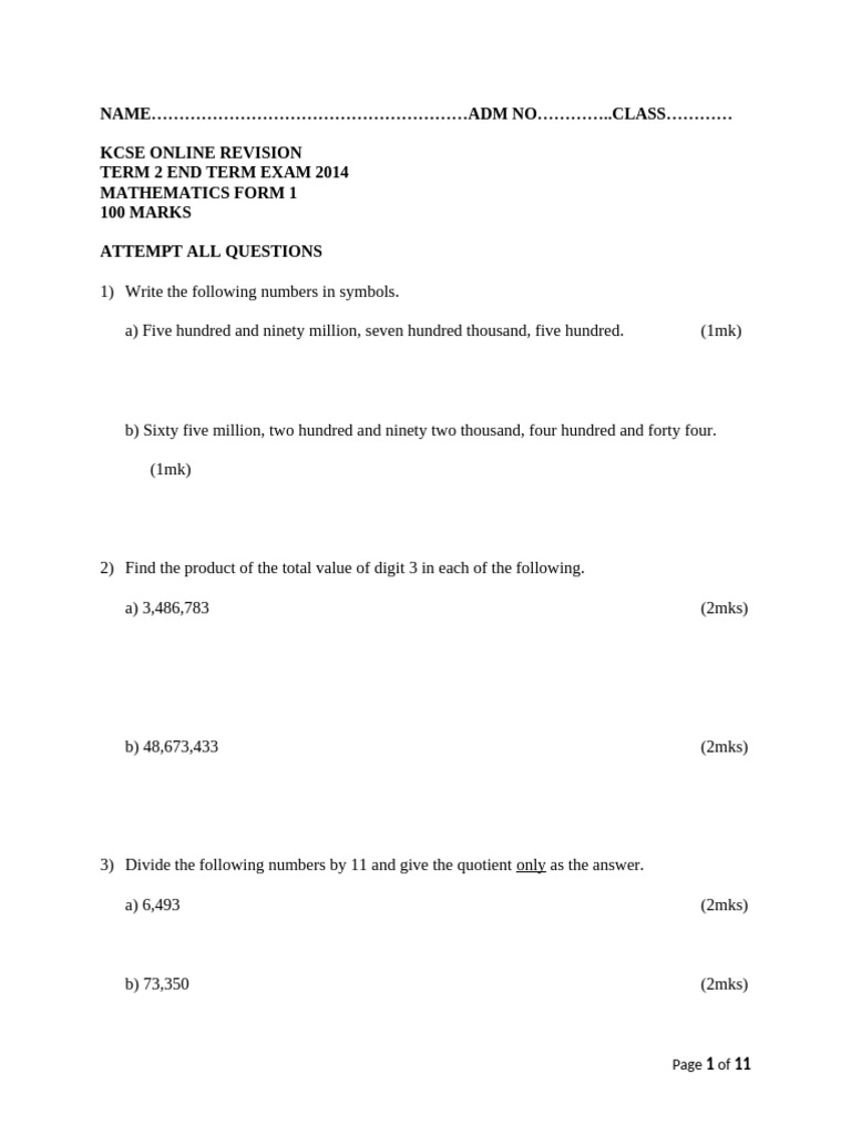 KCSE Mathematics Form 1 Exam 2014 | PDF | Area | Metrology