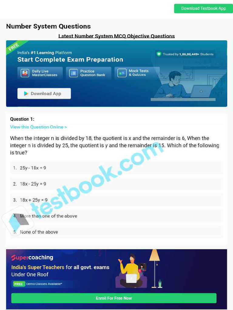 MCQ On Number System 5eea6a1039140f30f369e843 | PDF
